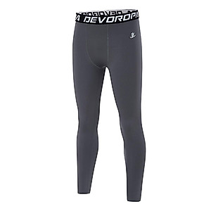 DEVOROPA Boys Leggings Quick Dry Youth Compression Pants Sports Tights Basketball Base Layer Gray S