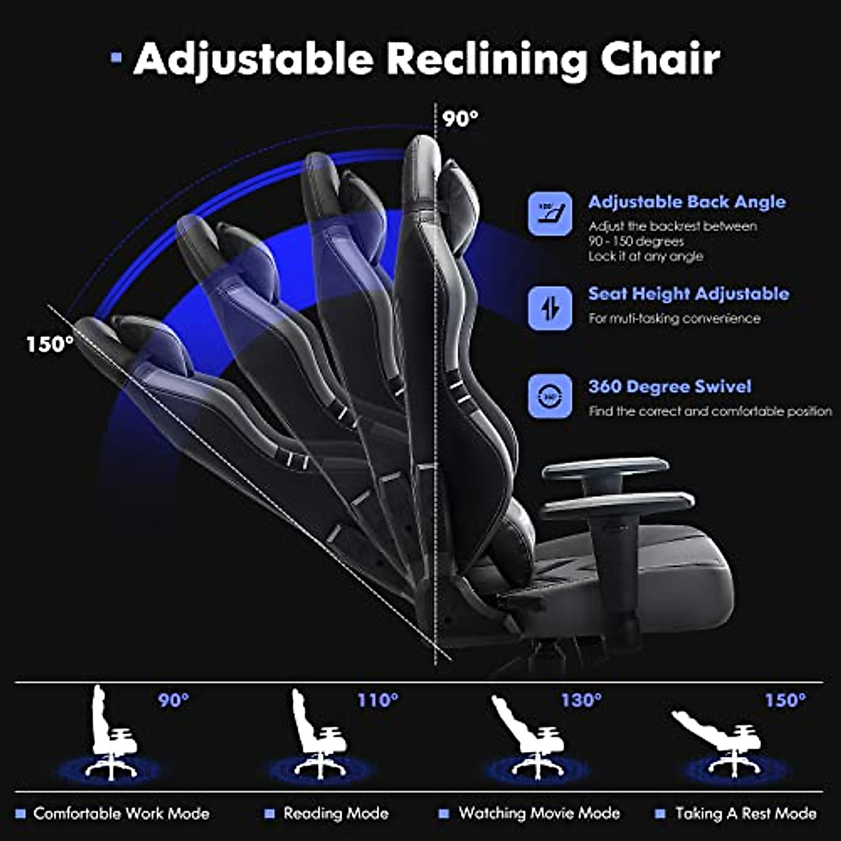 Big and Tall Gaming Chair 350lbs-Racing Style Computer Gamer Chair,Ergonomic Desk Office PC Chair with Wide Seat, Reclining Back, Adjustable Armrest for Adult Teens-Black/Grey