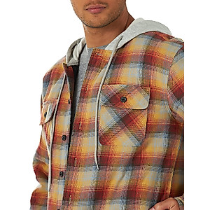 Wrangler Authentics Men's Long Sleeve Quilted Lined Flannel Shirt Jacket with Hood, Red/Yellow, Medium