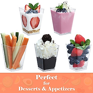 SHOPDAY 5 Oz-Plastic-Dessert-Cups: 30 Pack Square-Clear-Cups-with-Spoons, Parfait-Cups Appetizer-Cups Small-Plastic-Cups Mini Shooter-Cups for Party Yogurt Mousse