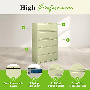 HON 5 Drawer File Cabinet with Lock - 800 Series Lateral Office Storage Cabinet Locking Metal Filing Cabinet with Drawers 42"W x 18"D - Adjustable Hangrails for A4, legal, Letter Files - Putty