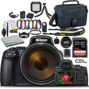 Nikon COOLPIX P1000 Digital Camera (26522) + Deluxe Padded Camera Bag + 77mm UV Filter + Color Multicoated 6pcs Filter Set + SanDisk 64GB Extreme PRO Memory Card + More (Renewed), Black