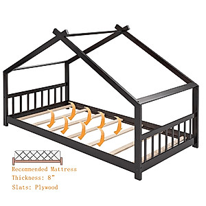 Montessori Floor Bed Frame Twin Size, Twin Floor Bed Frame with Headboard, Footboard and Slats, Wood Montessori Bed Frame/Montessori House Bed for Kids, Girls, Boys(Espresso)