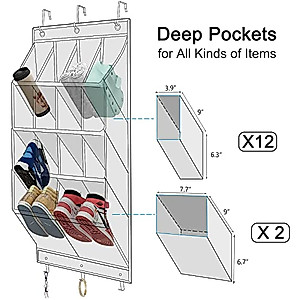 Fentec Over the Door Shoe Organizer, 2 Pack Hanging Shoe Organizer,12 Large Pockets and 2 Larger Storage Various Compartments with 6 Hooks Shoe Storage Rack Organizer for Shoes, Home Accessories, Grey