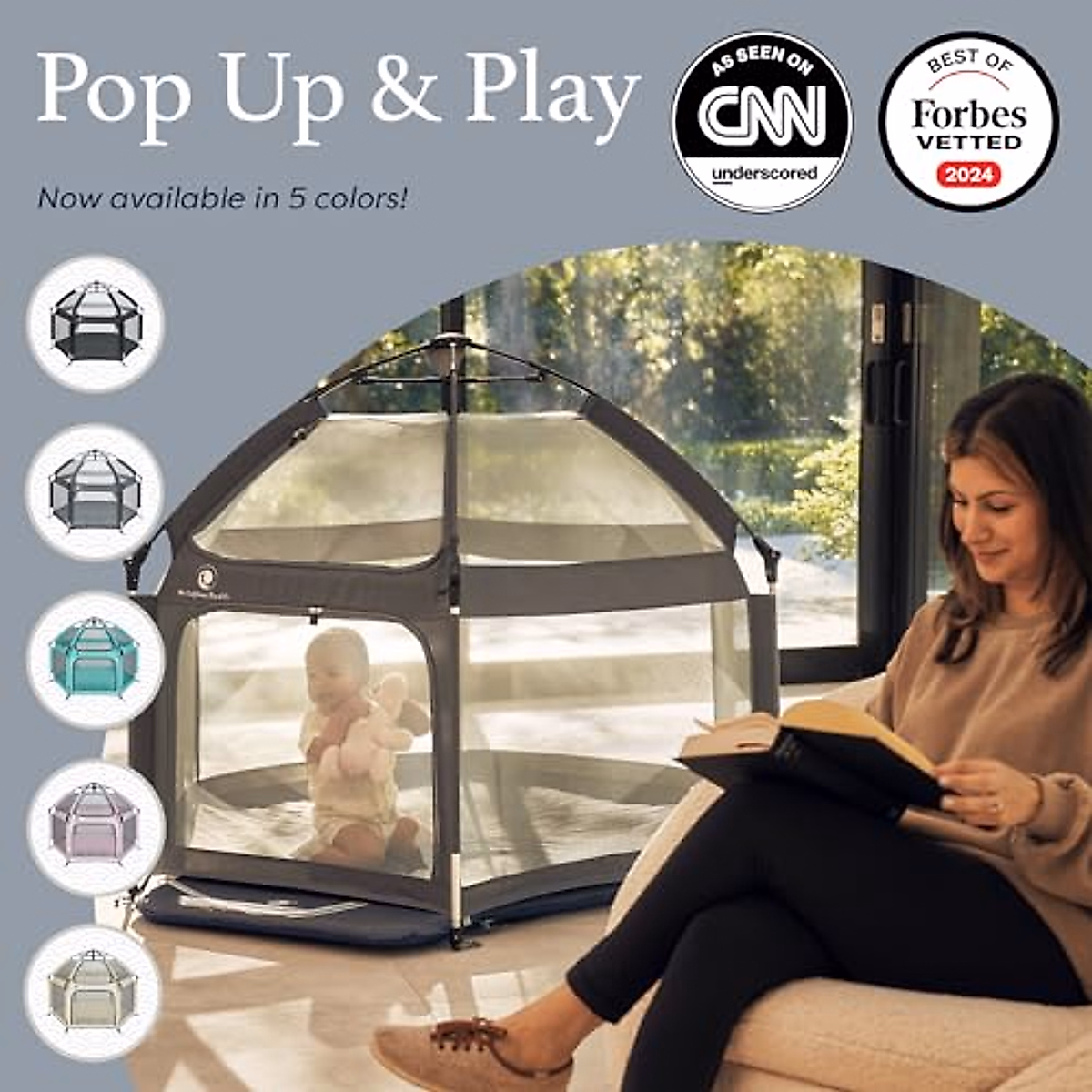 POP 'N GO PLAYPEN - Indoor & Outdoor Baby Playpen for Babies and Toddlers - Baby Beach Tent, Foldable, Portable W/Canopy, Travel Bag, & Mosquito Net - Pop Up Pack and Play Tent (Anchor Grey)