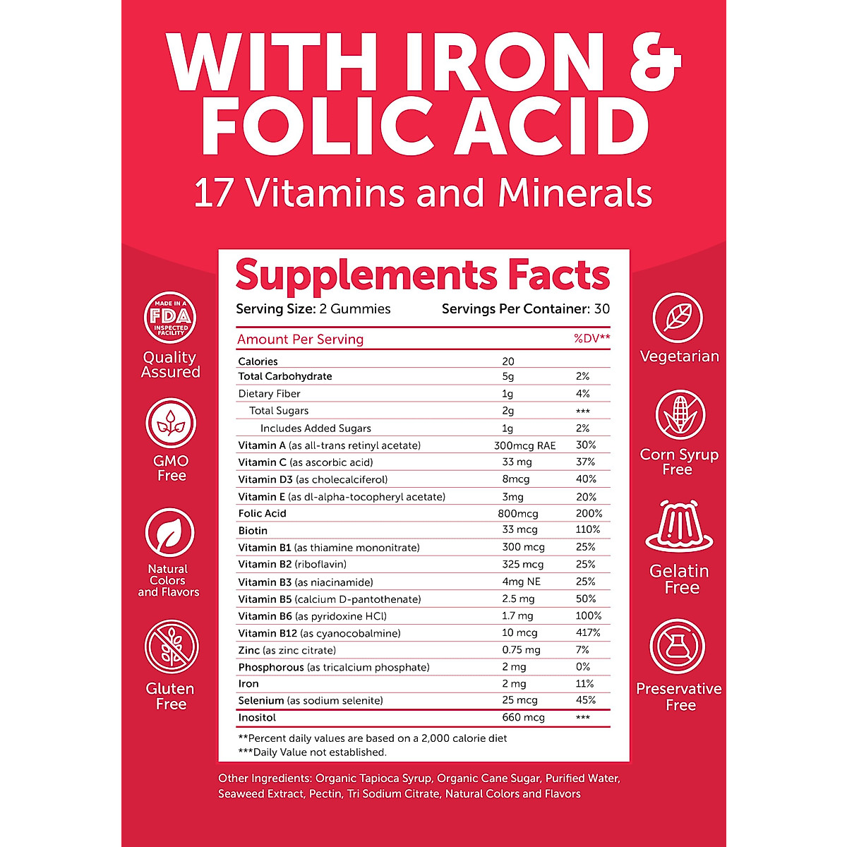 Prenatal Vitamins with Iron & Folic Acid - Proprietary Formula Pregnancy Multivitamin Gummies for Women, 60 Count