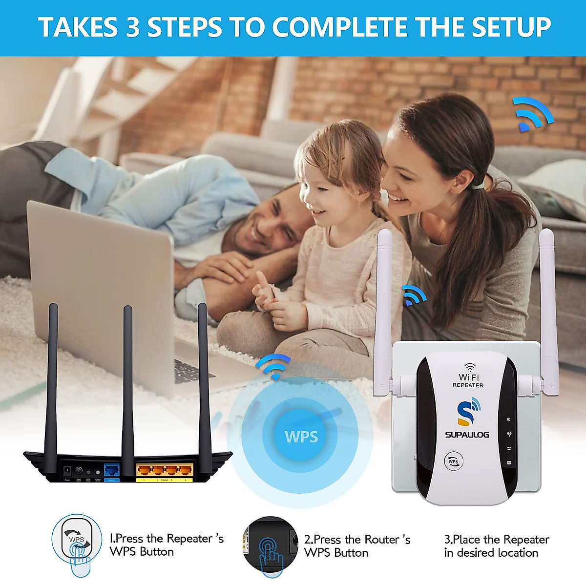 SUPALILOG WiFi Extender,WiFi Signal Booster,Up to 2640sq.ft,2 Antennas,2.4GHz 300Mbps,Range Extender,Wireless Repeater,Long Range Amplifier,360° Full Coverage with Ethernet Port and Access Point