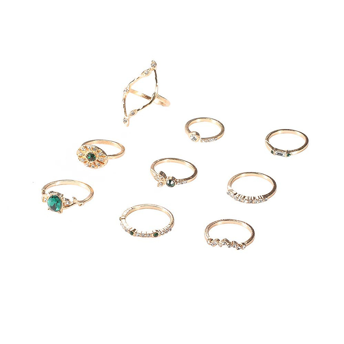 Aimimier 9 Pcs Bohemian Stackable Joint Knuckle Ring Set Vintage Emerald Crystal Finger Ring Gold Midi Ring Pack for Women