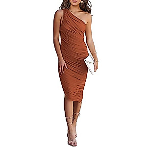 PRETTYGARDEN Women's Ruched Bodycon Dress 2023 Summer One Shoulder Sleeveless Party Cocktail Pencil Dresses (Caramel,Large)
