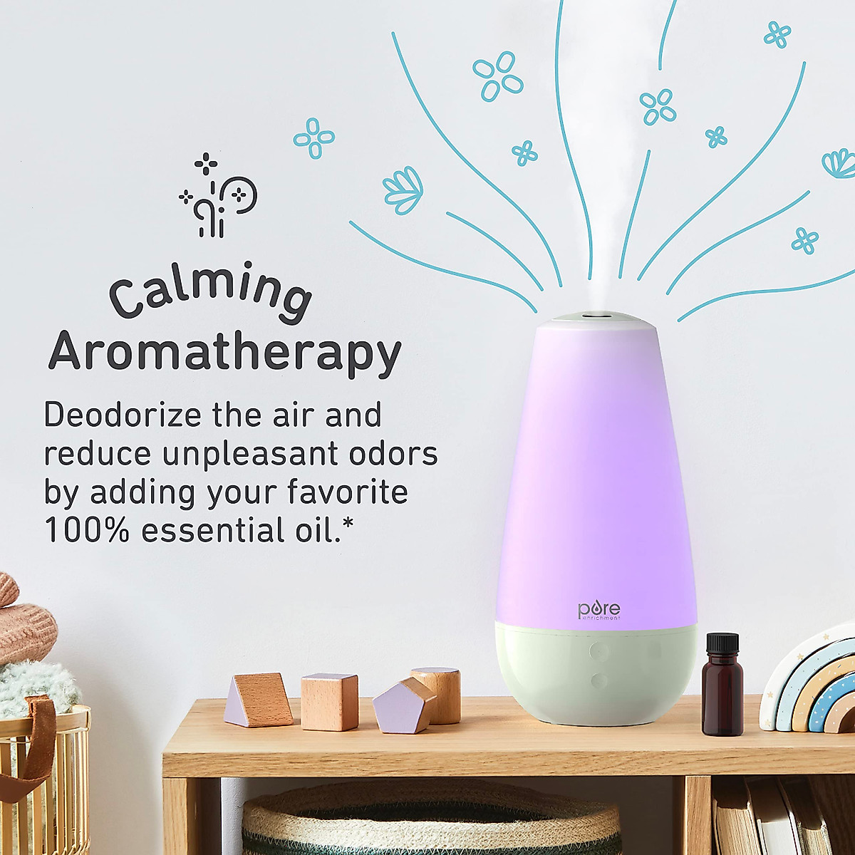Pure Enrichment® PureBaby® 3-in-1 Whisper-Quiet Humidifier, Color Changing Night Light, & Essential Oil Diffuser for Baby Nursery & Kids Bedroom to Relieve Congestion, Colds, & Coughs (Whisper Green)