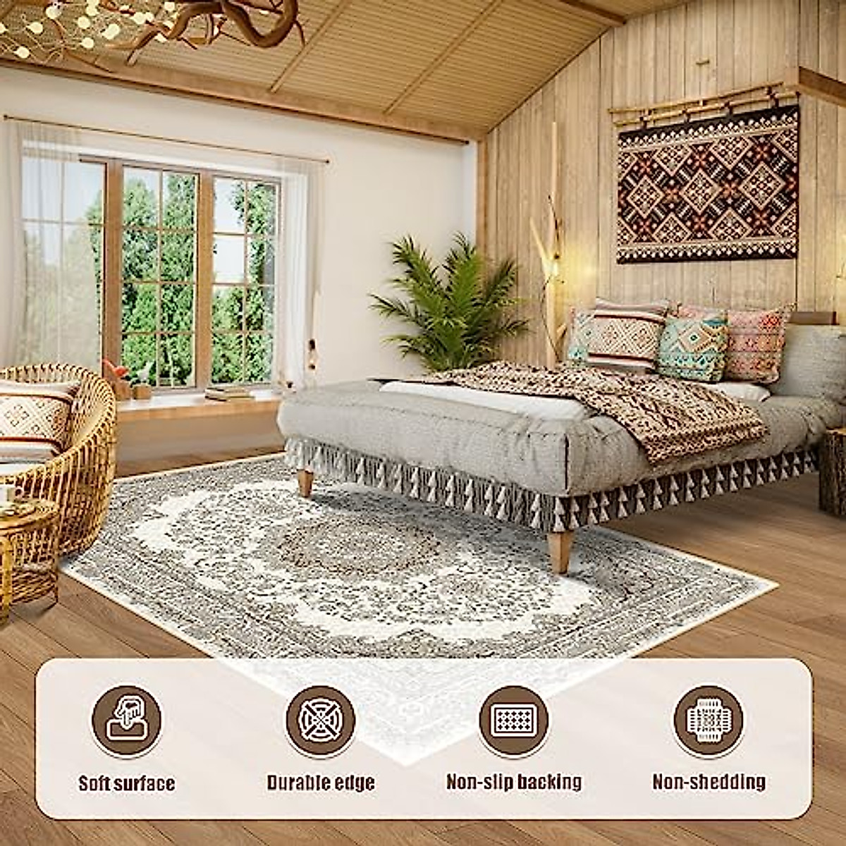 Area Rug Living Room Rugs: 8x10 Washable Oriental Persian Carpet for Bedroom Under Dining Table Large Farmhouse Floral Distressed Indoor Non Slip Decor Home Office Nursery - Beige