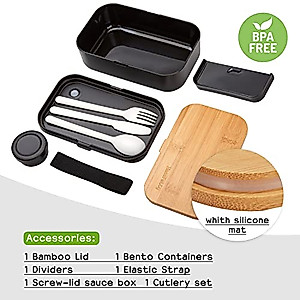 HmoeFmily Bento Lunch Box for Adults & Kids,Bamboo Board Lid,Includes Sauce Cup,Divider,Cutlery Set,Bento Box Adult Lunch Box,Leak-proof,Microwave & Dishwasher & Freezer Safe
