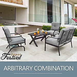 Festival Depot 3Pcs Patio Bistro Set of 2 Armchairs with Thick Cushions and Side Table with Ceramic-Like Top Metal Frame Outdoor Furniture for Deck Garden (Grey)