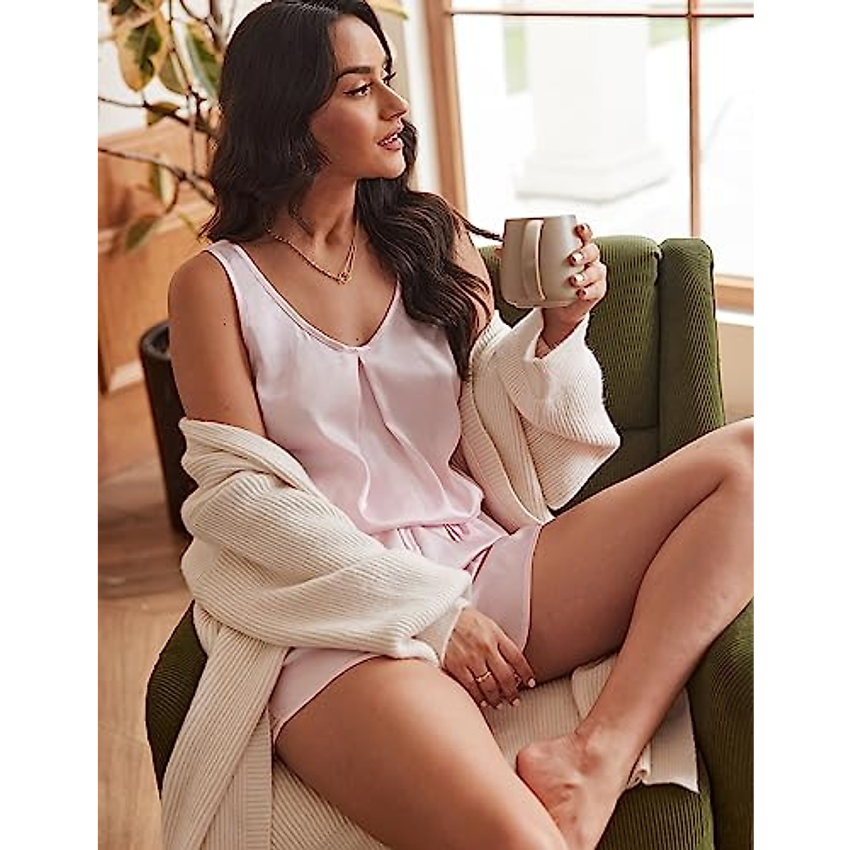 Ekouaer Tank Top Shorts Pajama Set Womens Silk Sleepwear Summer Cool Lounge Set Satin Pjs Cute Nightie Set (Pink,XL)