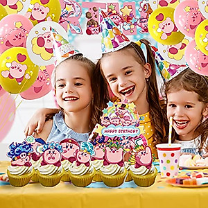 Kirby Birthday Party Decorations Supplies, 82 Pcs Cute Party Favors including Happy Birthday Banners, Balloons, Cake Toppers, Stickers, Party Favors for Girls' Birthday Party, Princess Party