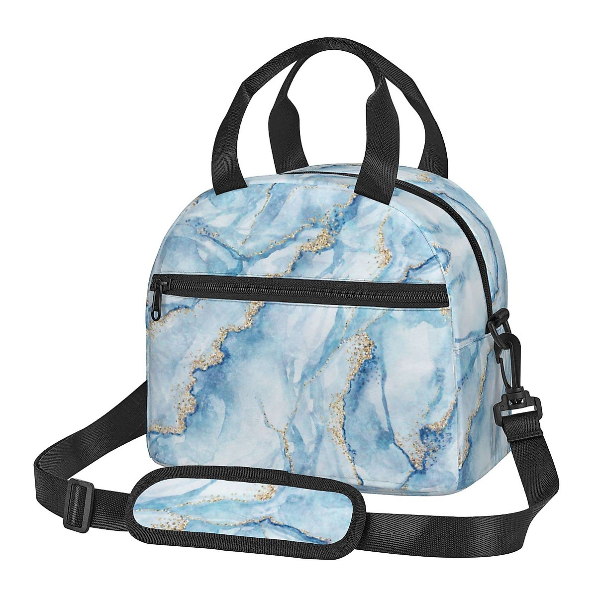 Blue Marble With Gold Glitter Marbling Texture Lunch Bag Reusable Insulated Lunch Tote Bag Lunchbox Container With Adjustable Shoulder Strap For Office Work School Picnic Travel