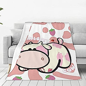 Strawberry Milk Cow Blanket Lightweight Flannel Fleece Cartoon Cute Animal Throw Blankets Soft Cozy Plush Microfiber All-Season Blanket for Bed/Couch/Sofa-50 x40 in