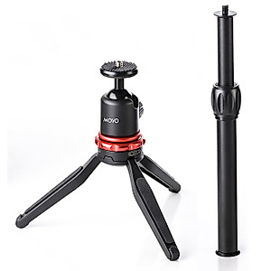 Movo Universal Mini Camera Tripod with Extendable Pole (MV-T1) Adjustable Head, Heavy-Duty Aluminum Travel Stand for DSLR, Mirrorless, GoPro, Smartphones, Compact, Portable