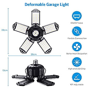New Upgraded LED Garage Light, 6500K Ultra Bright 128 LED Shop Light with 5 Adjustable Panels, 120W LED Deformable Garage Ceiling Lights with E26 & E27 Screw Socket, for Garage, Workshop,2 Pack