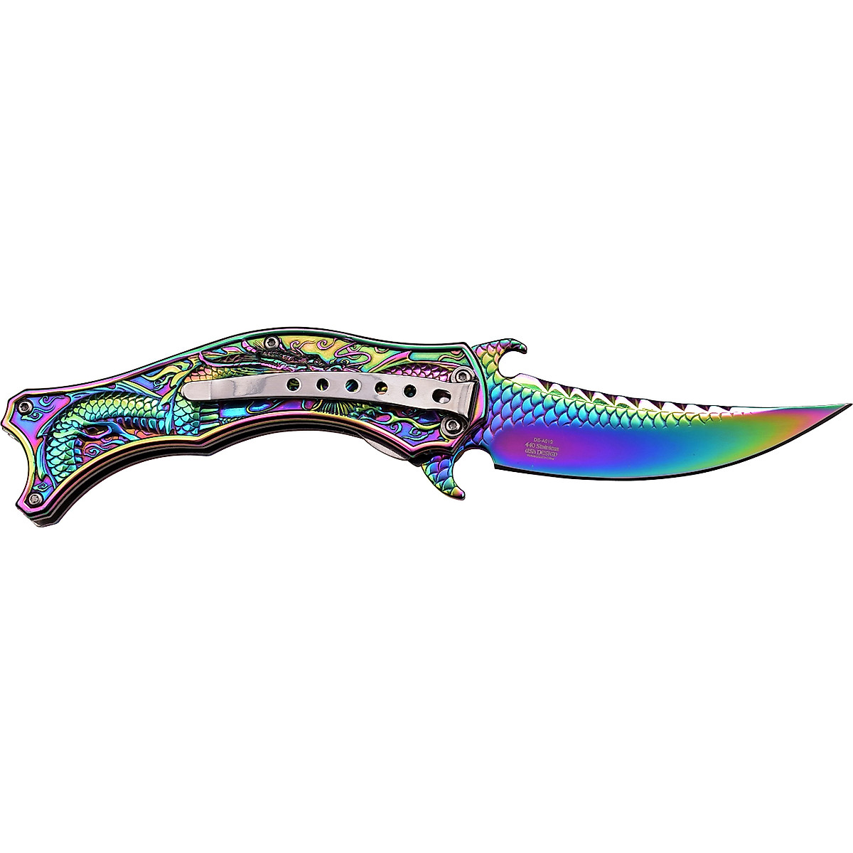 Dark Side Ballistics - Spring Assisted Folding Knife - Rainbow TiNite Coated Stainless Steel Blade and Handle, Dragon Theme, Pocket Clip, EDC, Fantasy, Collectible, DS-A019RB