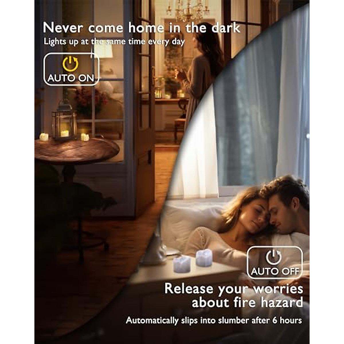 Homemory Timer Tea Lights, Flameless Flickering Battery Operated, Auto-On 6 Hours and Off 18 Hours Everyday, Batteries Included, Long-Lasting, Pack of 12