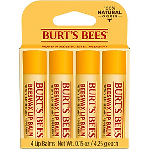 Burt's Bees Lip Balm Easter Basket Stuffers, Moisturizing Lip Care Spring Gift, for All Day Hydration, 100% Natural, Original Beeswax with Vitamin E & Peppermint Oil (4 Pack)