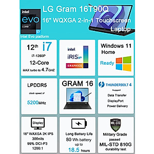 LG Gram 16T90Q 16" WQXGA 2-in-1 Touchscreen (Intel 12th Gen 12-Core i7-1260P, 16GB LPDDR5 RAM, 2TB SSD, Stylus), (2560 x 1600) Business Laptop, Thunderbolt 4, IST Cable, Windows 11 Home, Black
