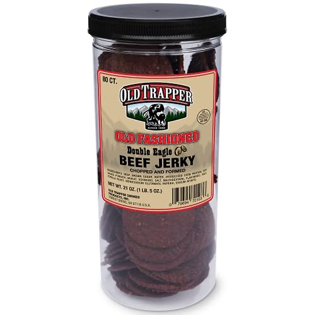 Old Trapper Double Eagle Beef Jerky, Old-Fashioned Flavor, 21oz. 80-Piece Jar, Natural Wood Smoked Meat Snacks, 10 Grams of Protein and 80 Calories per Serving (Pack of One)