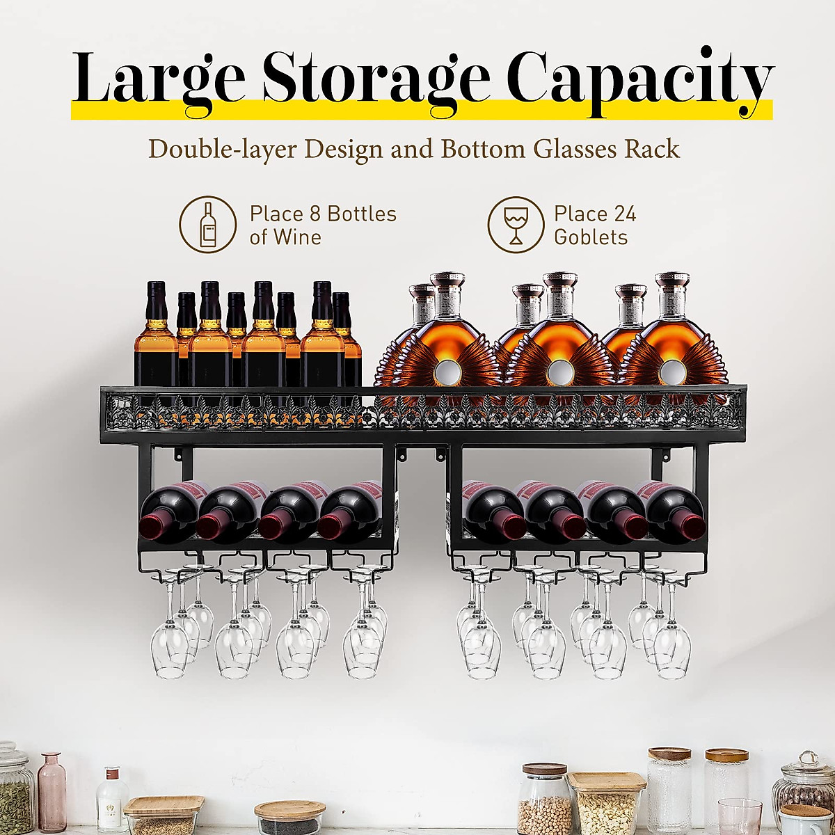 Upyouths 2 Tier Wall Mounted Wine Rack, Metal Hanging Wine Rack, Storage Shelf Glass Hanging Holder, Hanging Floating Bar Liquor Shelves, Bottle Holder Storage Shelves Glass Rack