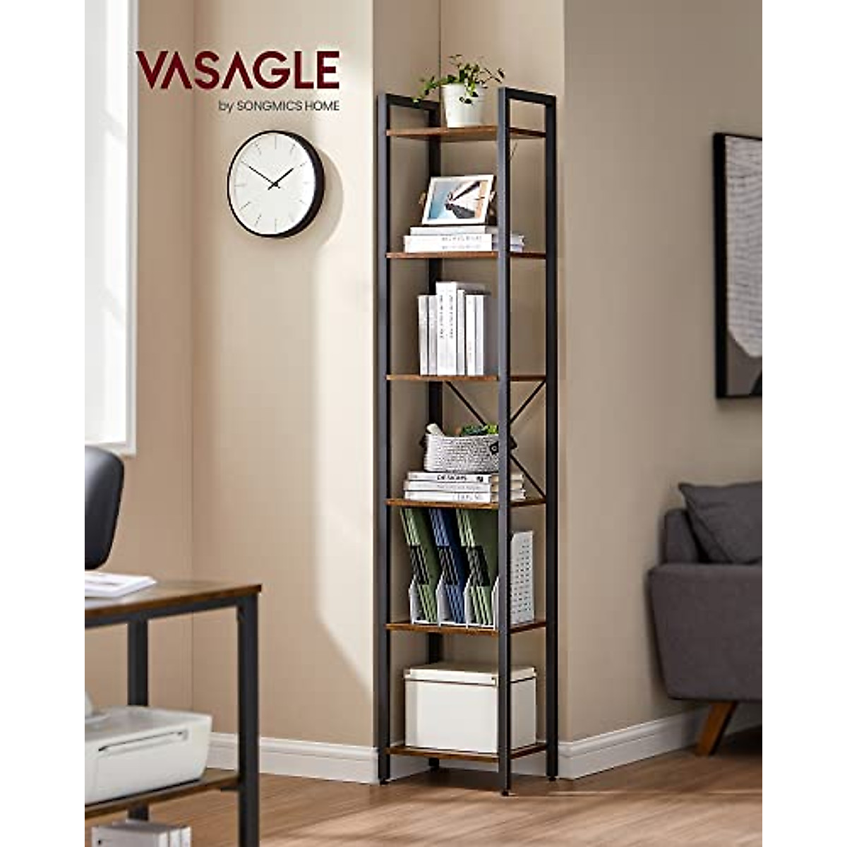VASAGLE 6-Tier Tall Bookshelf, Narrow Bookcase with Steel Frame, Skinny Book Shelf for Living Room, Home Office, Study, 11.8 x 15.7 x 73.8 Inches, Industrial Style, Rustic Brown and Black ULLS101B01