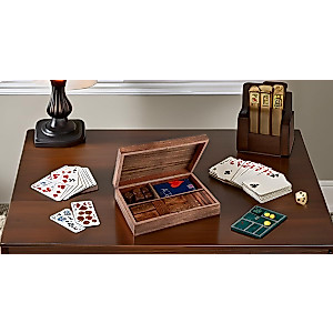Great Gift Ideas Wooden Playing Card Box with 5 Dice & 28 Dominoes Tiles Game Set Deck Pack Case Holder Storage Accessories Organizer with Playing Cards Classic Table Game