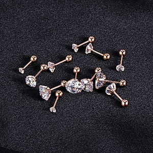 ZS 6 Pairs Shiny Round Cubic Zirconia Surgical Steel Stud Earrings Tragus Helix Conch Piercing Cartilage Sets (6 Pairs.3-8mm Cubic（Rose-gold,Ball Back）)