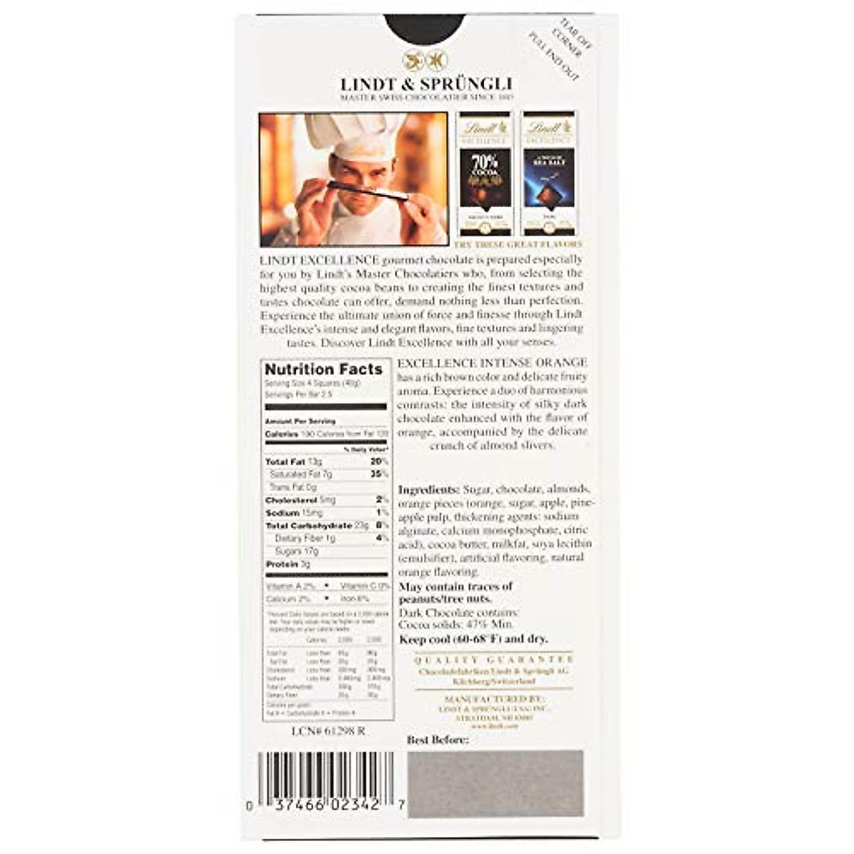 Lindt Excellence Intense Orange Dark Chocolate Bar, 3.5 Ounce