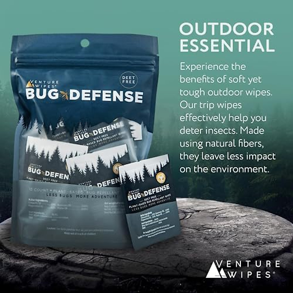 Venture Wipes Natural Mosquito Repellent Wipes - DEET-Free Bug Repellant - Long Lasting Insect Repellent Wipes - Travel Friendly - Citronella, Peppermint, and Rosemary Infused - 15 Count Bag