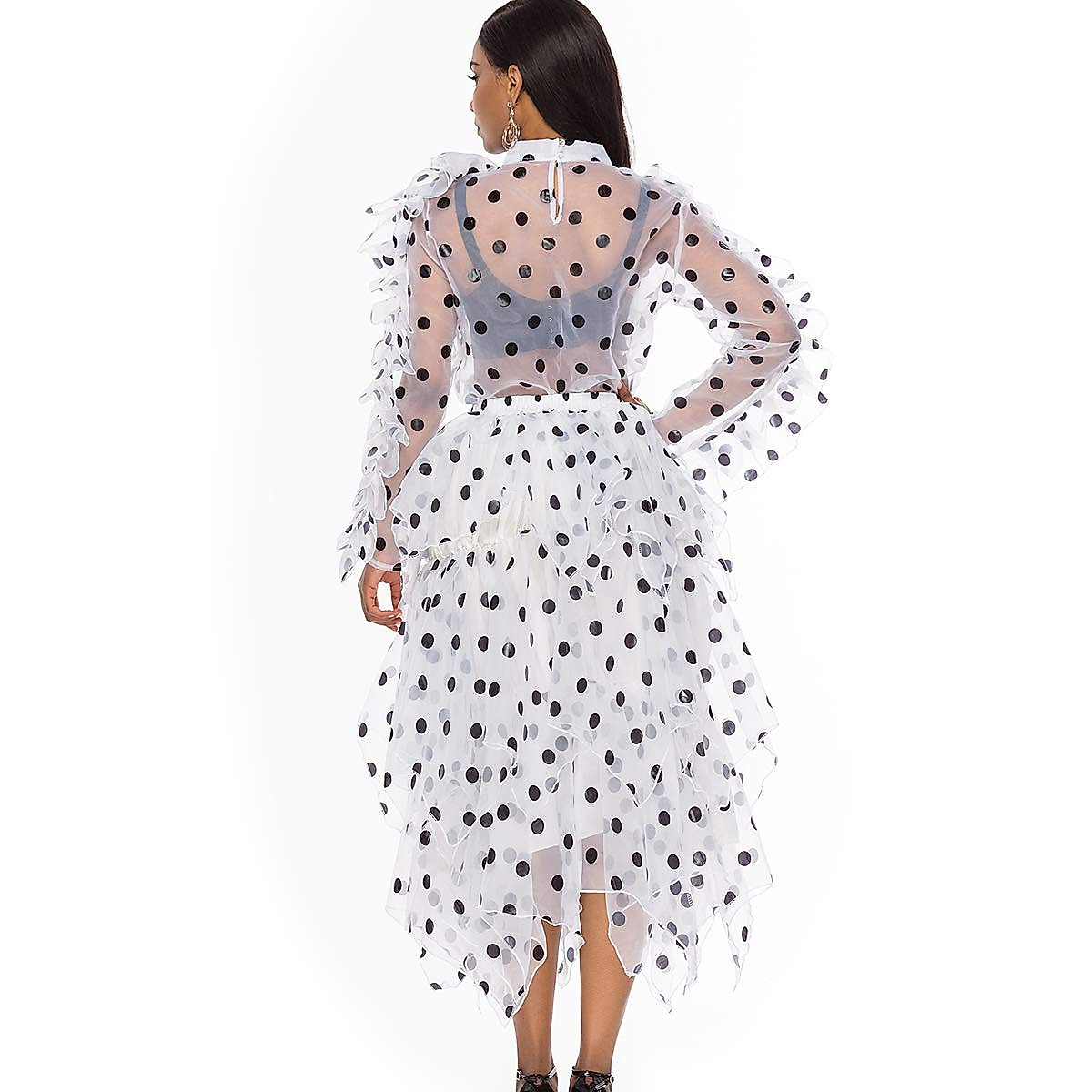 AOMEI Women's Polka Dot 2 Piece Sets Dress Transparent Ruffle Top Blouses Tulle Midi Puffy Skirt