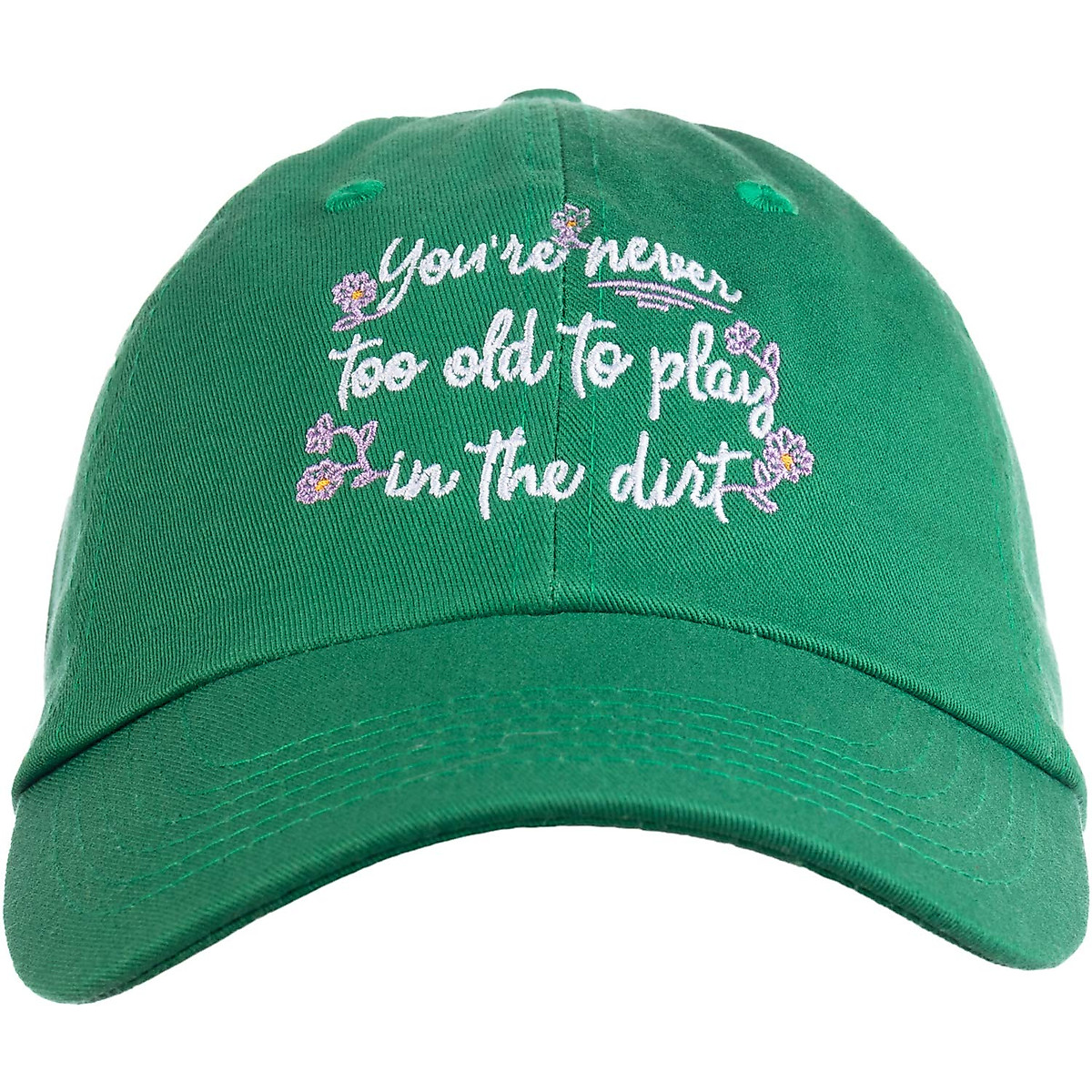 Ann Arbor T-shirt Co. Never Too Old to Play in Dirt | Funny Gardener Gardening Baseball Cap Dad Style Hat Men's or Women's- Green