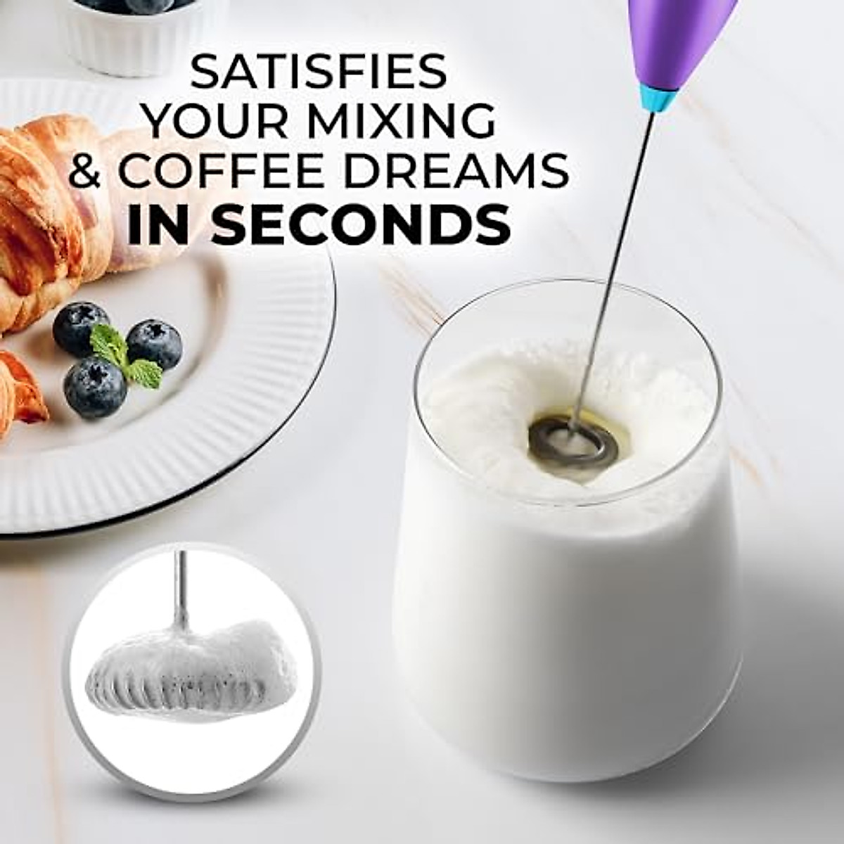 Zulay Powerful Milk Frother Handheld Foam Maker for Lattes - Whisk Drink Mixer for Coffee, Mini Foamer for Cappuccino, Frappe, Matcha, Hot Chocolate by Milk Boss (Purple/Teal)