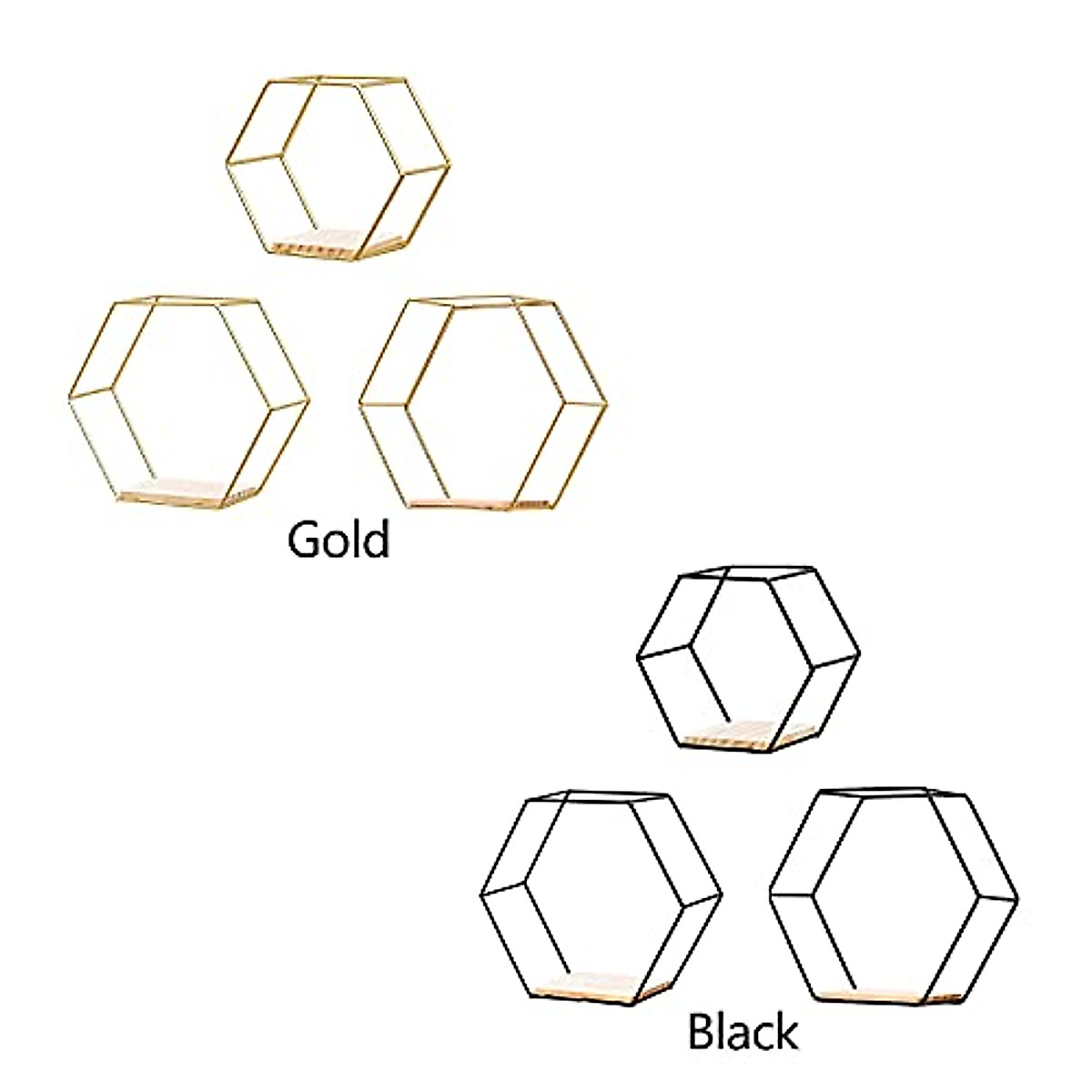 KHBNHJ 3 Pcs Gold Hexagon Wall Shelves, Floating Decorative Wire Wall Mounted Shelf, Multi-use Geometric Floating Shelves Metal Shelving for Bedroom Living Room Kitchen Office, 6.7in 9.4in 11in