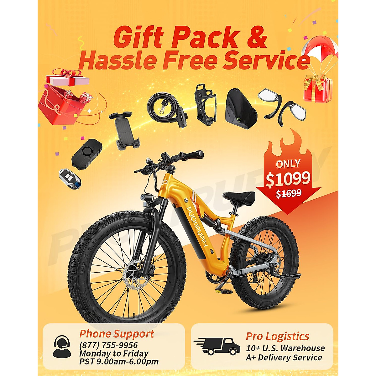 PUCKIPUPPY Electric Bike for Adults 1000W, 48V 20AH Battery Adult Electric Bicycles, 26" Fat Tire Full Suspension Ebike, 28MPH Mountain Beach E Bike, 7 Speed, 80Miles Range, UL Certified