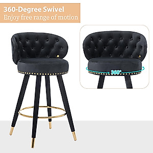 GNIXUU Velvet Bar Stools Set of 4, 360 Degree Swivel Counter Stools with Back, Modern Tufted Upholstered Counter Height Bar Stools, 28 Inch Kitchen Island Bar Chair, Solid Wood Legs(Black)