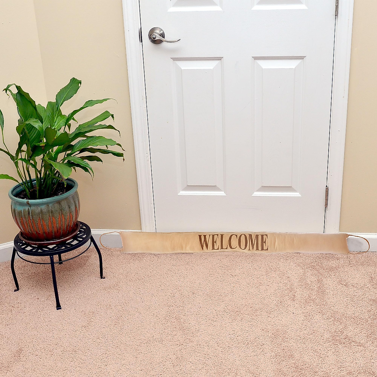 Roe & Moe Welcome Draft Stopper, Door Bottom Hot/Cold Air Blocker Noise Reducer Insulation Sound Proof Weather Strip Seal, 38 x 4 inches, with 2 Loops - Ideal for 36 inch Door