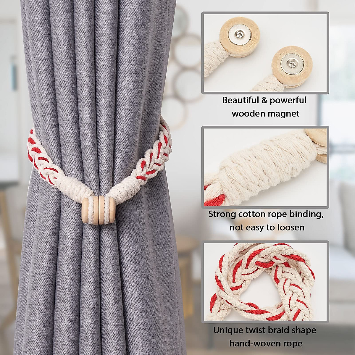 NICEEC 2 Pack Wood Strong Magnetic Curtain Tiebacks Boho Style Decorative Drape Tie Backs Natural Cotton Hand-Woven Soft Rope Curtain Holdbacks for Home & Office Draperies Decor (Beige & Red)