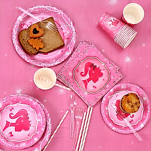 161CT Pink Girl Babe Happy Birthday Party Supplies Babe Head Paper Plates Cups Straw Napkins Spoon Fork knives Tablecloth Hot Pink Girl Party Decorations Tableware for 20 Guests for Bday Baby Shower