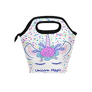 ZOEO Girls Unicorn Lunch box Tote Lunch Bag Head Cream Magic Pink Floral Tiara Insulated Waterproof Cooler Handbags with Zipper for Outdoor Travel Picnic School Office