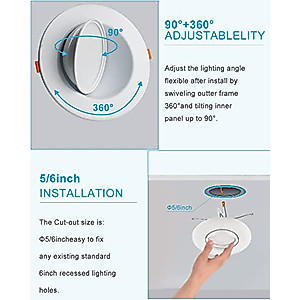 6Pack 𝗠𝗲𝘁𝗮𝗹 LED Downlight and Gimbal Recessed Lighting 6 inch, Adjustable Angled LED Recessed Lighted 3000K/4000K/5000K 12W=120W 1200LM Super Bright Directional Downlight