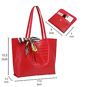 Women's Tote Shoulder Bag PU Leather Big Capacity Tassel Handbag (Large, L-Crocodile pattern Red)