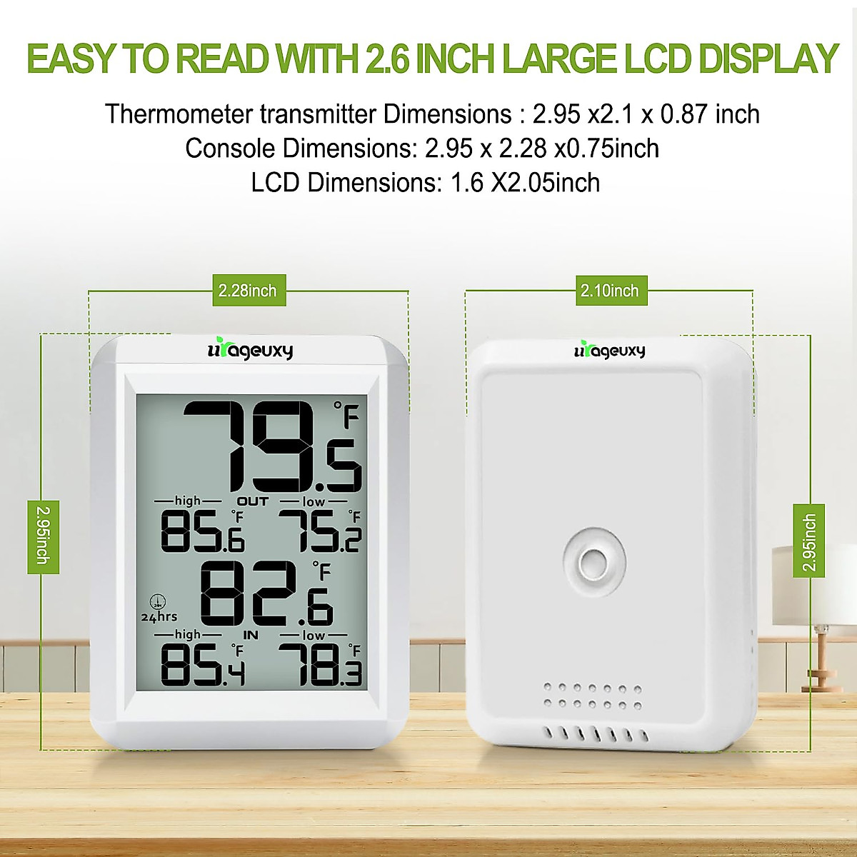 Urageuxy Indoor Outdoor Thermometer Wireless Digital Thermometer with Indoor and Outdoor Temperature Display for Home Room Monitoring