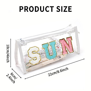 Stanaway Clear Pencil Bag Preppy- Chenille Varsity letter Cosmetic Bag Classy Waterproof Portable Transparent PVC Zipper Clutch Bag Pencil Bag for Home Storage Organizing, Office, Vacation, Travel