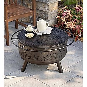 Plow & Hearth Multi-Functional Hammered Metal Fire Pit Cover, Turns Fire Pit Into a Table, Keeps Debris Out for a Cleaner Fire Pit, Design Fits Most Standard-Sized Fire Pits, 24" dia. x ½"H