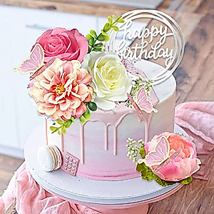 14 PCS Flower Cake Toppers Butterfly Cake Decorations Happy Birthday Cake Toppers with Artificial Pink Rose Flowers Eucalyptus Butterflies for Girls Birthday Party Wedding Baby Shower Supplies (Pink)